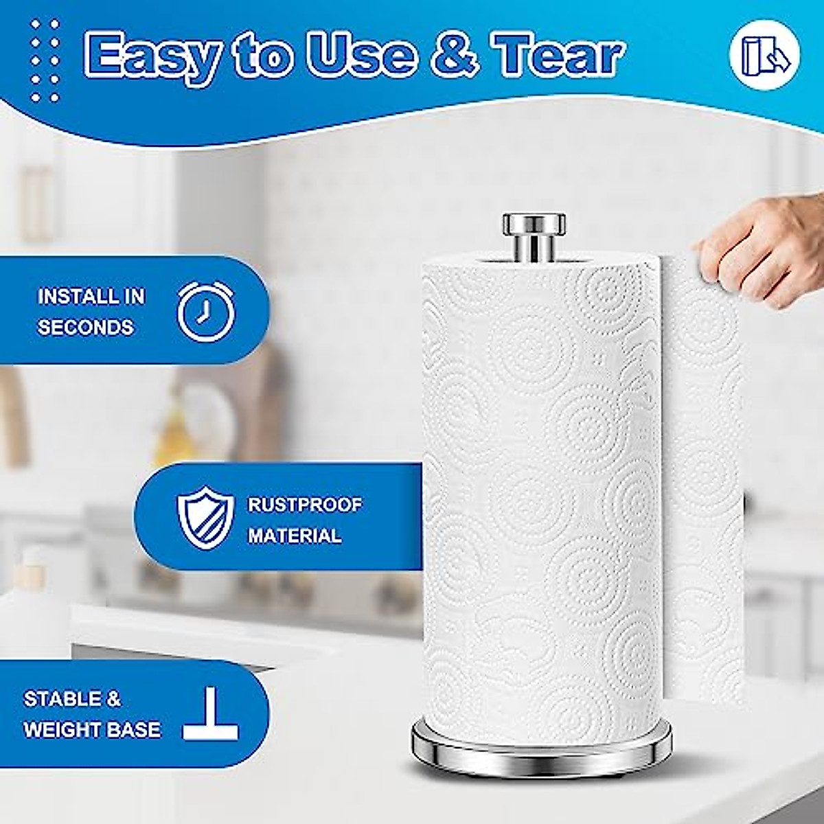 SMARTAKE Paper Towel Holder, Standing Kitchen Roll Holder with Suction Cups, One-Hand Tear Paper Towel Stand, Non-Slip Weighted Base, Fit Most Paper Rolls, for Kitchen Table Countertop, Silver