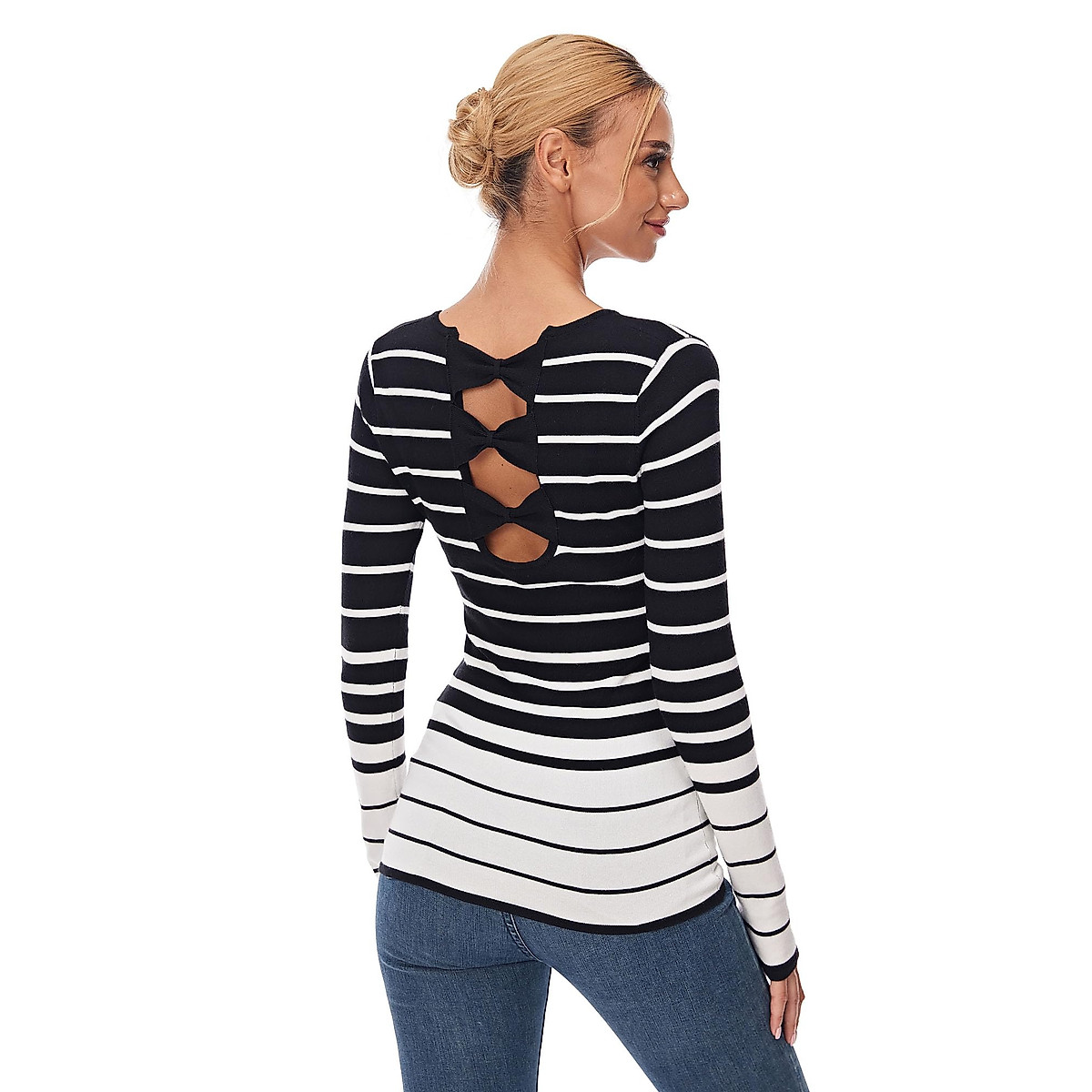 AmélieBoutik Women Striped V Neck Bow Open Back Long Sleeve Sweater (Black and Ivory X-Large)