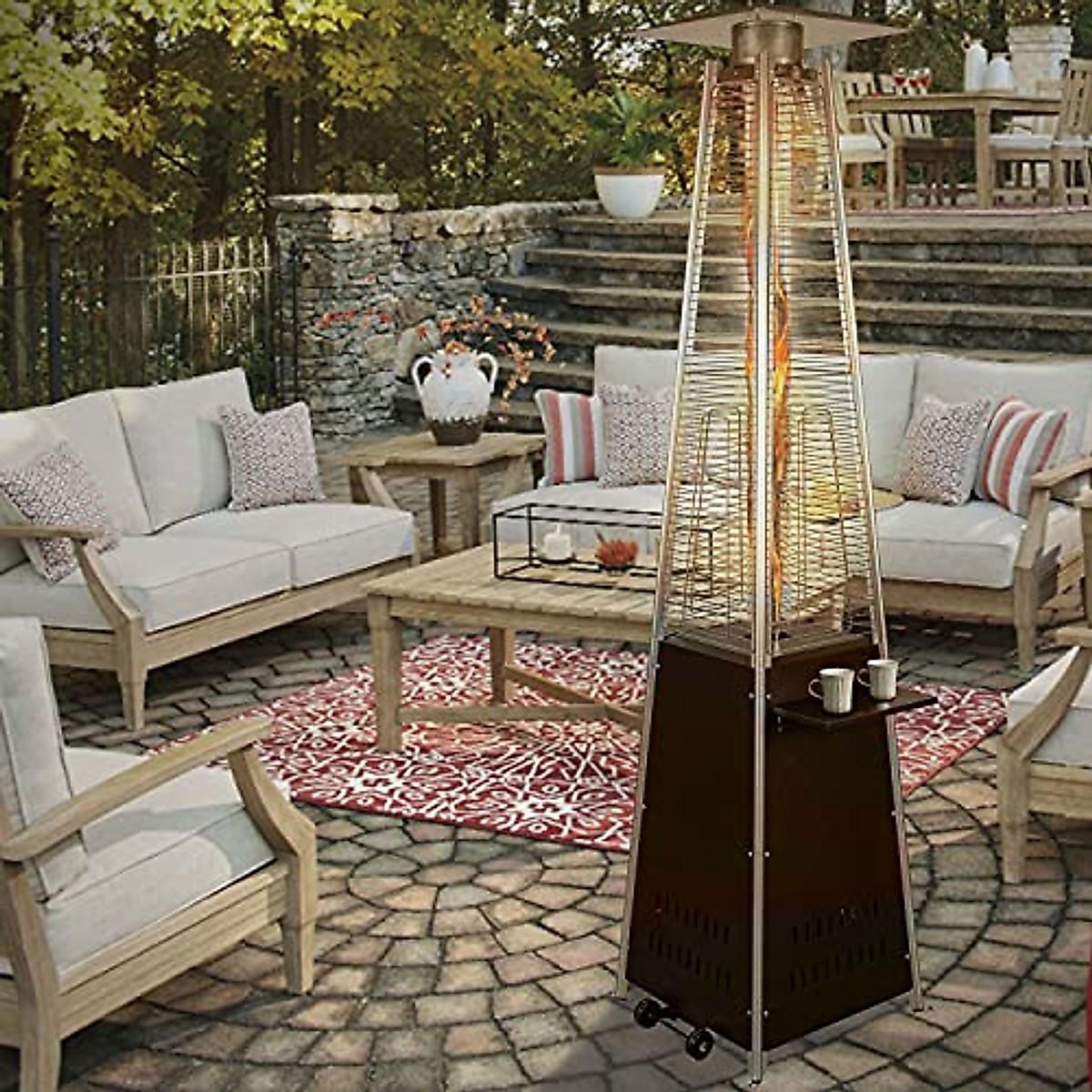 FOOWIN Pyramid Patio Propane Heater, 2 in 1 Patio Propane Heater with Detachable table, 48,000 Btu Patio Outdoor Heater Gift Waterproof Cover ,Quartz Glass Tube Propane Heater (Hammered Bronze)