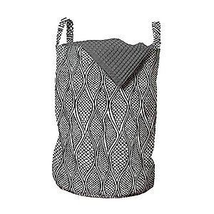 Lunarable Reptile Laundry Bag, Scale Pattern with Vertical Lines Pattern Snake Serpent Skin Design Monochrome, Hamper Basket with Handles Drawstring Closure for Laundromats, 13" x 19", Black White