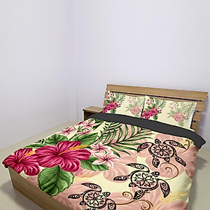 Gearider Pink Tropical Hibiscus Floral Printed Duvet Cover, Mandala Turtle Soft Bedding Set, 3 Pieces, Zipper Closure & 2 Pillow Shams - Size King