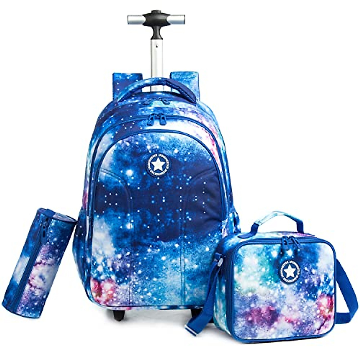 Egchescebo Boys Rolling Backpacks with Wheels 3PCS Starry Sky Backpack for School Wheeled Luggage Suitcase Lunch Box Pencil Case Large Capacity Bookbag Adjustable Trolley for Elementary Travel Blue