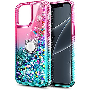 NGB Supremacy Compatible for iPhone 13 Case (6.1 inch) with Tempered Glass Screen Protector, Ring Holder/Wrist Strap, Girls Women Kids Bling Sparkle Liquid Glitter Cute Case (Pink/Aqua)