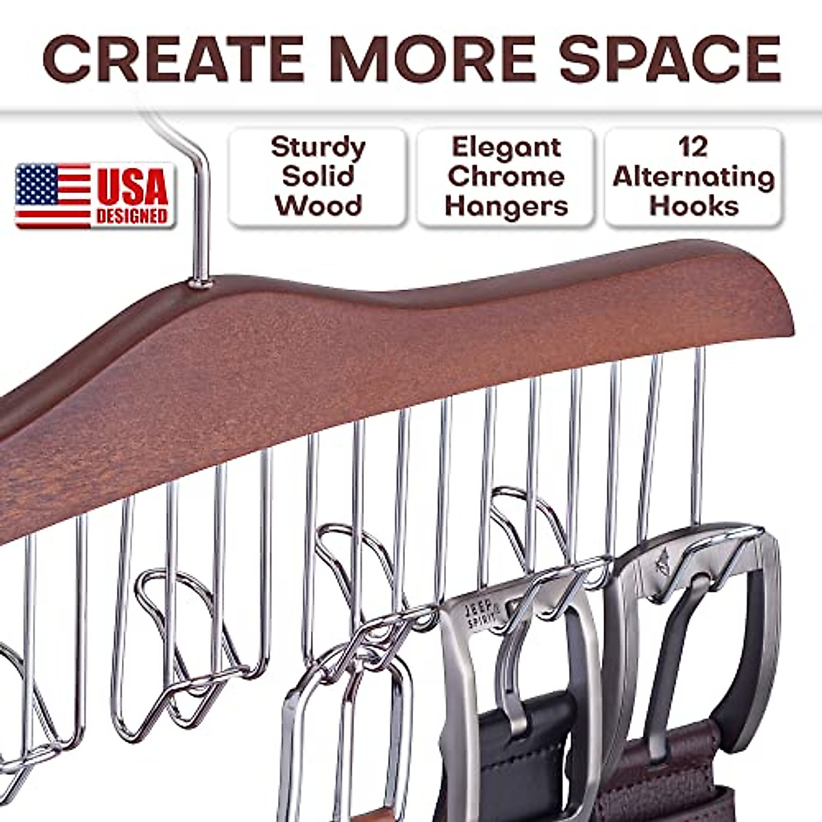 Belt Hanger (Wooden, Cherry Maple, 12 Hooks), Closet Organizer for Ties, Belts, Scarves, Rotating Swivel Holder for Necktie Wardrobe Storage by Zoe Deco