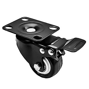 FactorDuty 4 Pack Combo 1.5 inch Caster Wheels 2 Rigid Non Swivel Fixed Stationery & 2 with Brake Swivel Plate All Black Polyurethane Wheels Non Marking No Noise 75lb Per Wheel