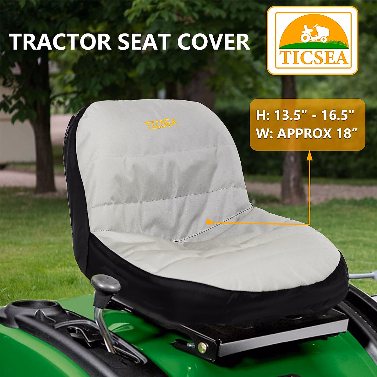 TICSEA Riding Lawn Mower Seat Cover,Waterproof Tractor Seat Cover fits Tractor Seat Backrests 13.5" - 16.5" H Without Armrests, Approx 18”W
