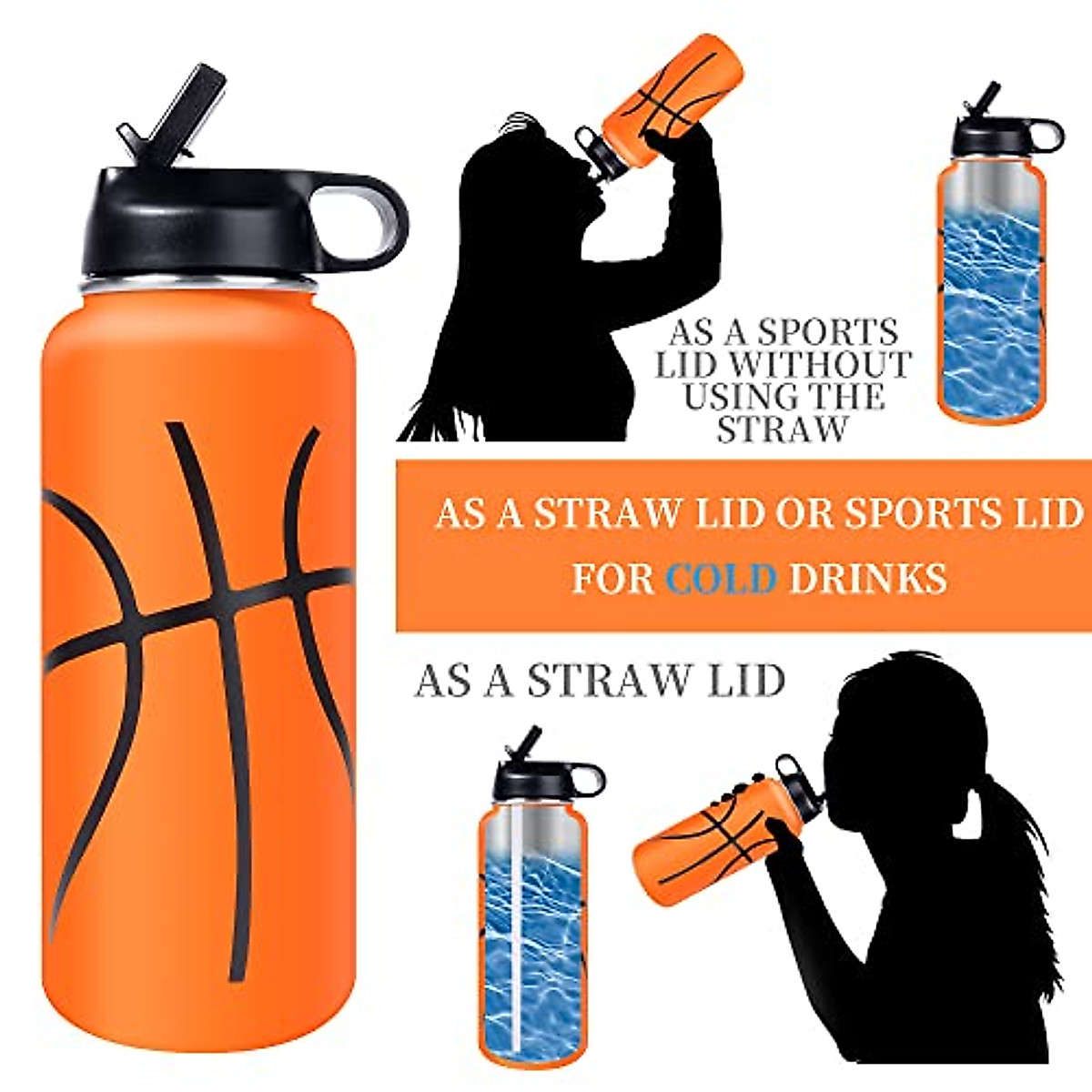 LaiChary 32oz Wide Mouth Basketball Water Bottle with Two Lids(Straw, Handle Lid), 18/8 Stainless Steel Vacuum Insulated for Travel & Sport Cup. (Basketball Brown, 32oz)