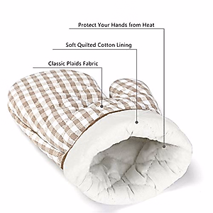 Oven Mitts and Pot Holders, 5 pcs Heat Resistant Cotton Vintage Gingham Oven Mitts and Potholders Hot Pads Mats Coasters Set for Cooking Baking (Light Brown Set)