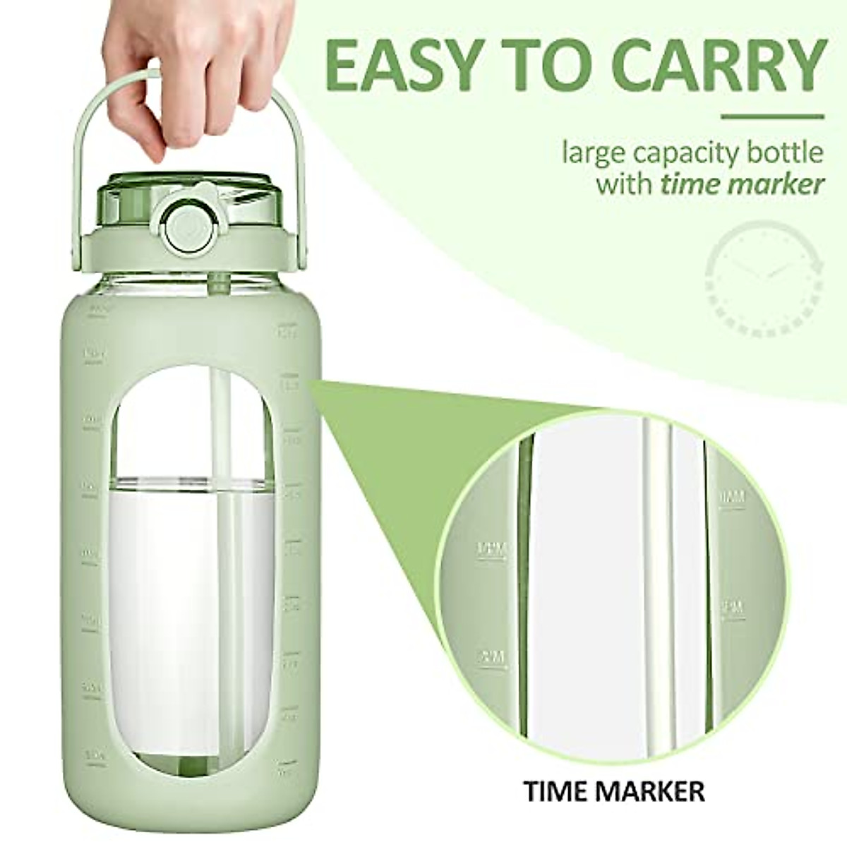 64oz Glass Water Bottles with Straw Time Marker Half Gallon Large Motivational Water Bottle with Silicone Sleeve 2L Big Glass Water Jug Bottle for Gym, Sports, Workout, Daily Green