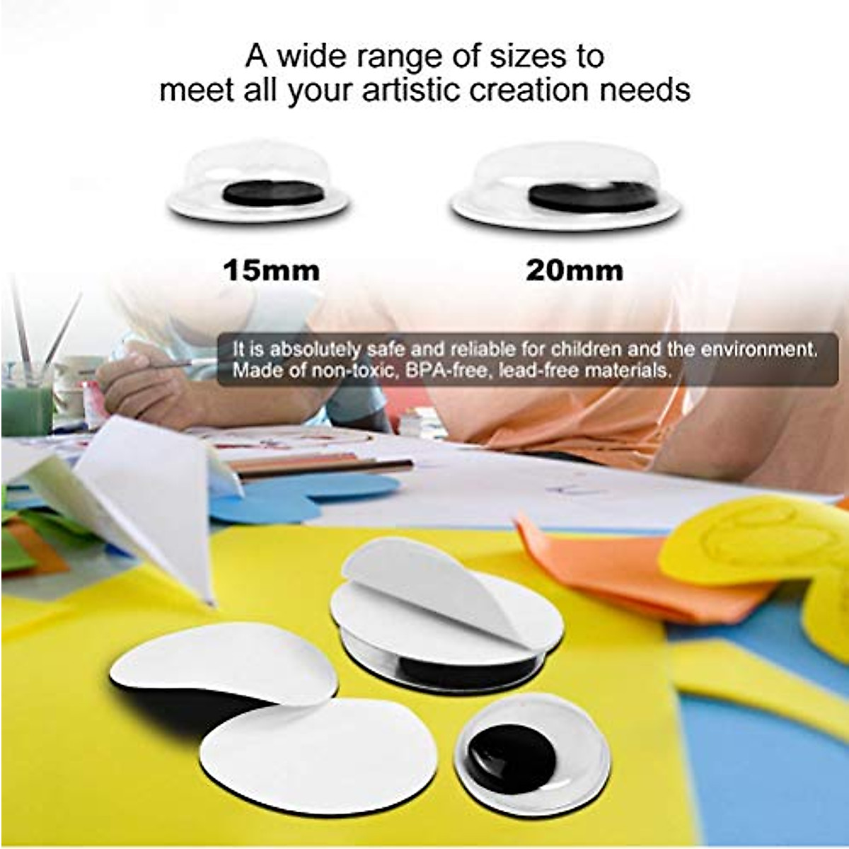 Aibus Pack of 200pcs Googly Eyes Craft Supplies: 0.47in (12mm) 0.49in (15mm), Black Wiggle Googly Eyes with Self-Adhesive