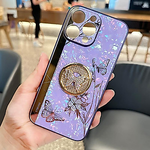 AMAZFCCY iPhone 13 Pro Max 6.7'' Kickstand Case, [Upgraded Metallic Paint] Cute 3D Butterfly Bling Glitter Luxury Rhinestone Hard Back Soft TPU Bumper for Apple iPhone 13 Pro Max 2021 (Purple)