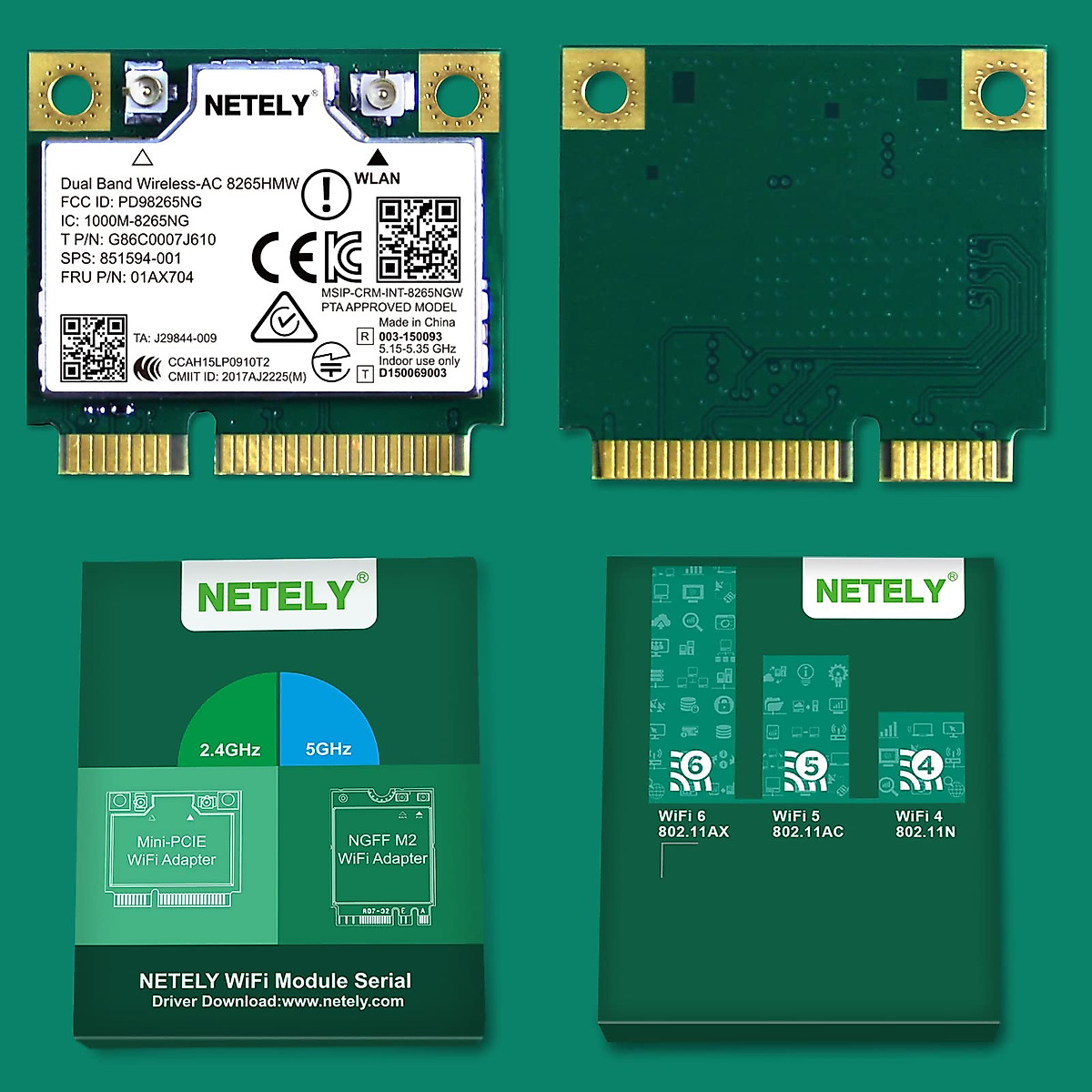 NETELY Wireless-AC 8265HMW 1200Mbps Mini-PCIE Interface WiFi Adapter with Bluetooth 4.2 for Laptop PCs, Intel Wireless-AC 8265D2W, 2.4GHz 300Mbps & 5GHz 867Mbps WiFi Card (Wireless-AC 8265HMW)