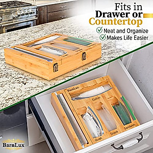 BarnLux 5 in1 Ziplock Bag Storage Organizer & Wrap Dispenser with Cutter - Premium Bamboo Baggie Organizer for Drawer, Anti-Cushion Bottom, Wall Mounted, Varnished Surface, 1 Box,13" x 14.5" x 3.7"