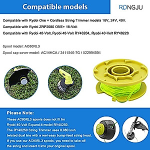 RONGJU 8 Pack Weed Eater Spool Replacement Compatible with Ryobi One Plus+ AC80RL3 for Ryobi 18v, 24v, 40v Trimmers 11ft 0.080 Inch Twisted Line + 1 Pack String Trimmer Cap (8 Spools, 1 Cap)