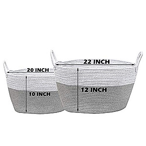JEKOSEN (Set of 2, 22''x12'' & 20''x10'') Laundry Basket Cotton Rope Basket Woven Storage for Toys Blankets Towels Cushions with Handle Living Room Laundry Hamper Grey