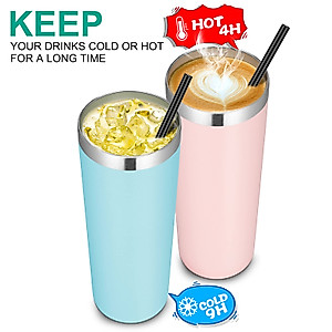 VEGOND Stainless Steel Skinny Tumbler, 20 oz Vacuum Insulated Tumbler with Lid and Straw, Double Wall Coffee Cup, Travel Mug for Cold Hot Drinks, Light Pink 1 Pack