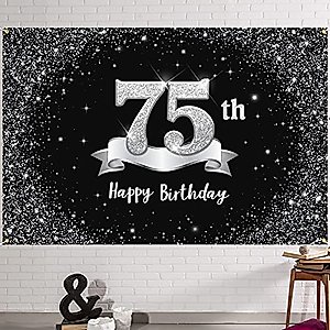 HAMIGAR 6x4ft Happy 75th Birthday Banner Backdrop - 75 Years Old Birthday Decorations Party Supplies for Women Men - Black Silver