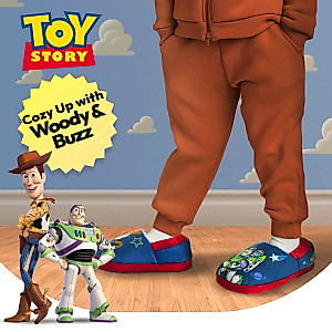 Disney Toy Story Slippers - Buzz Lightyear and Sheriff Woody Fuzzy PJ House Shoes - Boys Pajama Indoor Warm Slipper - Navy Blue/Red (size 5-6 Toddler)