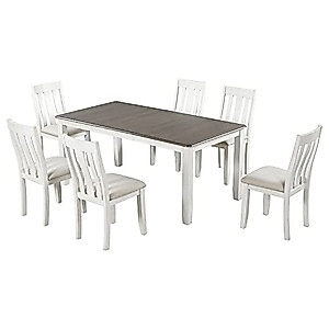 ODC Retro Style 7-Piece Kitchen Dining Sets for 6-8, Rustic Farmhouse Wood Extendable Table with 6 Upholstered Chairs, Ergonomically Design Kitchen &Restaurant Furniture for Six, White