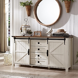 T4TREAM Farmhouse Sideboard Buffet Cabinet with Storage, 60" Large Kitchen Cabinet w/Sliding Barn Doors and 4 Drawers, 31.2'' Tall Wood Coffee Bar Table for Dining Room, Antique White