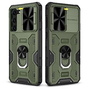 Caka for Samsung Galaxy S23 Case, S23 Case with Slide Camera Cover & Kickstand with Built-in 360° Rotate Ring Stand Magnetic Protective Case for Galaxy S23 5G- Green