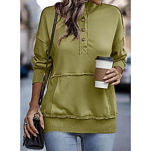 SHEWIN Sweatshirt For Women Loose Fit Casual Button V Neck Solid Lightweight Pullover Sweatshirts Long Sleeve Fall Tops with Pocket,US 8-10(M),Pickle Green