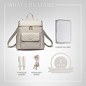 Monaco Large Diaper Bag Backpack by Luli Bebe - Designer Modern Vegan Leather Stylish Baby Backpack Diaper Bag for Mom, Multipurpose, Roomy, with Changing Pad (Pearl White)