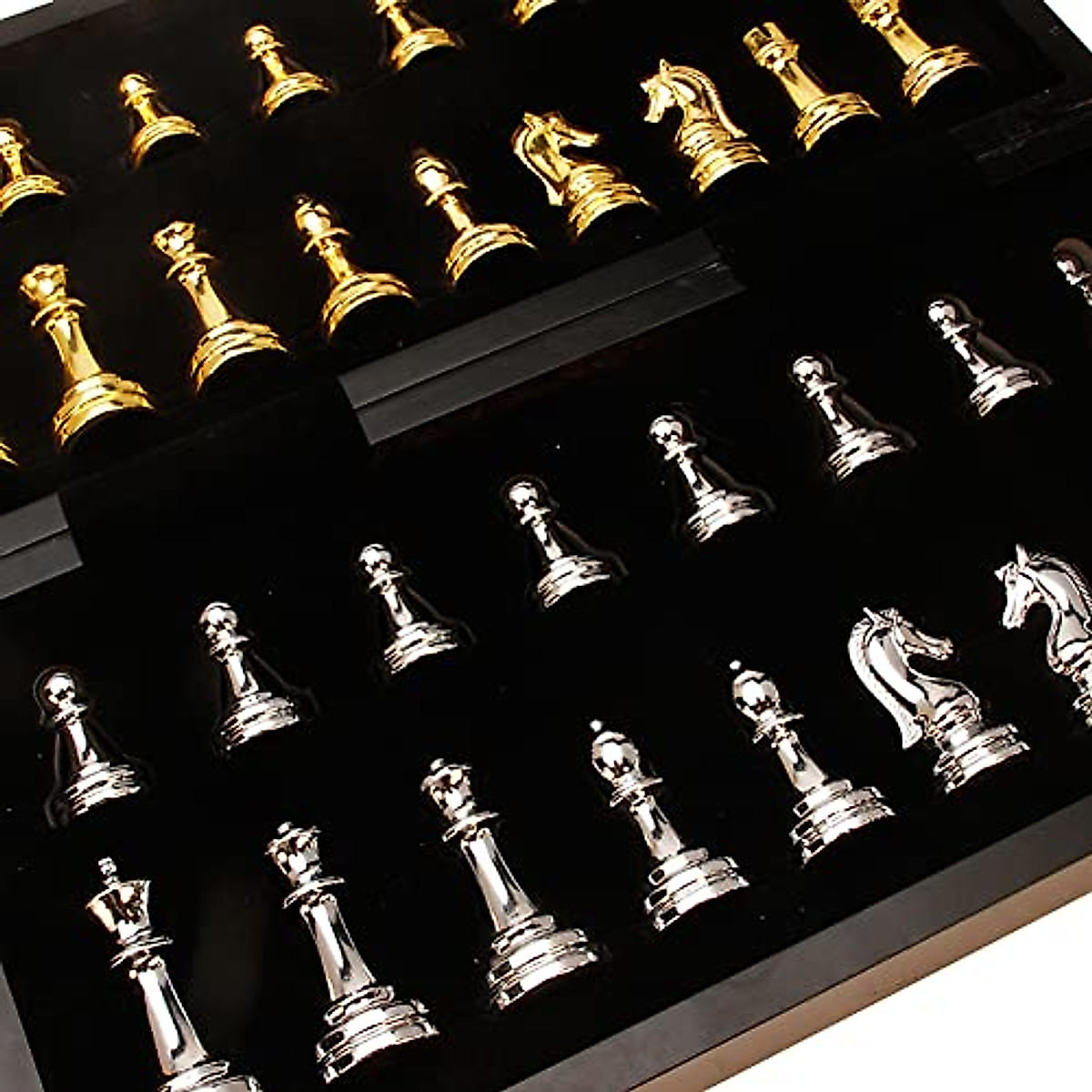 Chess Set, Large Metal Deluxe Travel Chess Set Adult Board Game with Alloy Pieces & Portable Folding Wooden Chess Board, Creative Gift