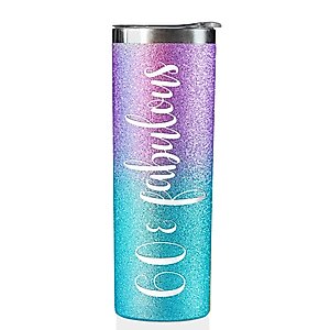 Onebttl 60th Birthday Gifts for Women, 60 & Fabulous, 60th Birthday Gift Idea for Women, 60th Bday Gifts, Stainless Steel Tumbler 20Oz - Glitter Purple&Blue