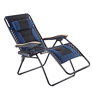 VICLLAX Oversize Padded Zero Gravity Chair Patio Lounge Chair with Cup Holder for Outdoor Beach Pool, Black&Dark Blue