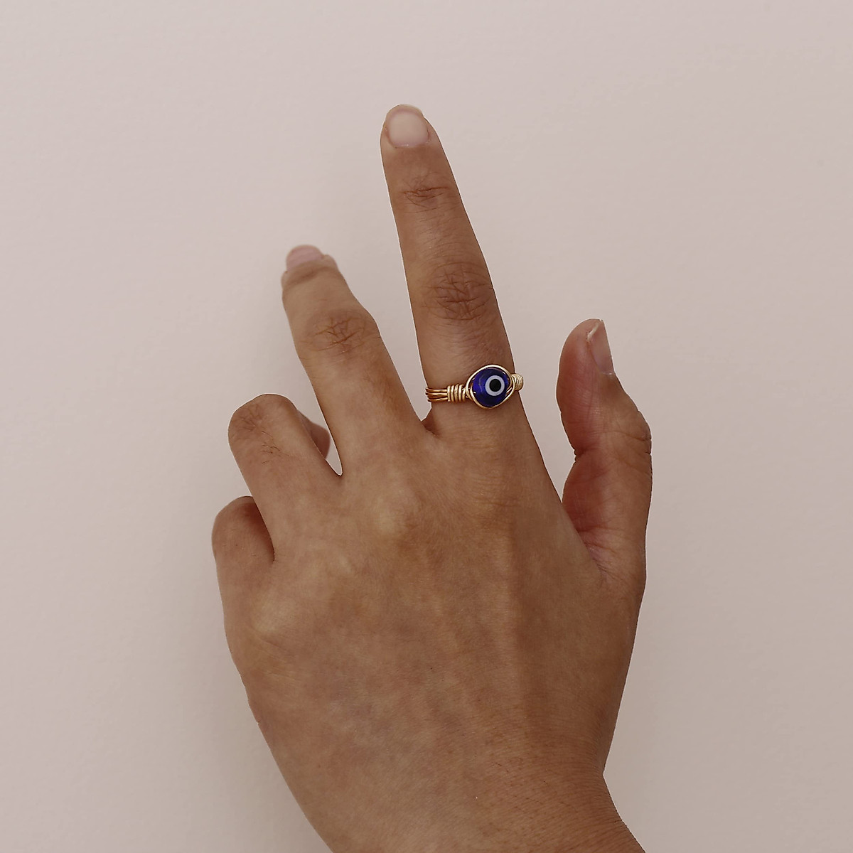 ASCOMY Delicate Evil Eye Ring for Women 14K Gold Plated Handmade Dark Blue Evil Eye Rings Stackable Turkish Faith Protection Wrapped Ring Everyday Jewelry Gifts Size 9