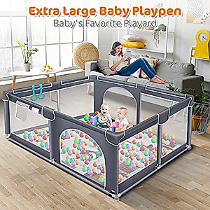 Suposeu Baby Playpen with Mat, 71"x59" Extra Large Playpen for Babies and Toddlers, Indoor & Outdoor Play Yard, Sturdy Safety Fence with Soft Breathable Mesh, Gray