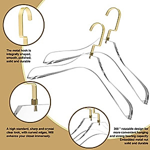 Quality Clear Lucite Acrylic Heavy Duty Coat Suit Hangers – 2 Pack, Curved Stylish Clothes Hanger with Wide Matte Gold Hooks - Coat Hanger for Dress, Suit - Closet Organizer Adult Hangers