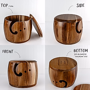 Tyck Design's Large Wooden Yarn Bowl with Lid - 9x7 Inch XL Acacia Wood Holder for Knitting, Crocheting & Macrame - Extra Big & Strong Yarn Storage