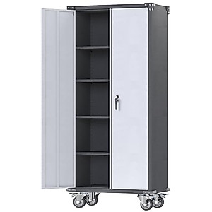 Reemoon Metal Storage Cabinet with Wheels, 71" Tall Garage Storage Cabinet with 5 Tier Shelves and Locking Doors, Rolling Tool Cabinet for Garage Home Office Utility Room