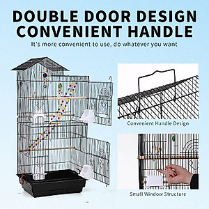 HCY 39 Inches Bird Cage Roof Top Large Flight Parrot Bird Cage with Toys for Medium Small Birds, Lovebirds, Finch, Cockatiel Parakeets, Parrot, Iron Bird Cage, Black, 17x14x39 Inch (Pack of 1)
