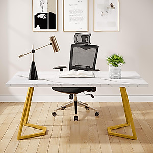 Tribesigns Modern Gold Computer Desk: 55 Inches White and Gold Home Office Desk with Metal Legs, Faux Marble Study Writing Table for Small Spaces, Simple Desk for Bedroom