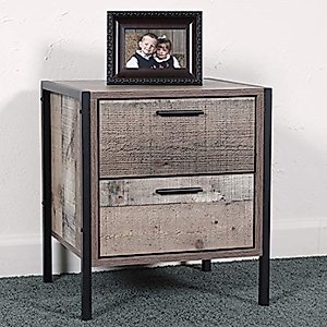 OS Home and Office Furniture Model Two Drawer Metal Frame and Legs night stand, Rustic Reclaimed Barnwood Laminate