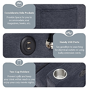 HoRunzelin Convertible Sofa Bed with USB Ports, Cup Holders, Side Pockets, Swivel Phone Holder and 2 Pillows, Bella Fabric Loveseat Sleeper Pull Out Couch, Blue Grey