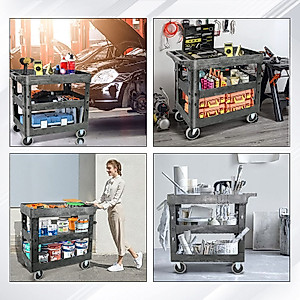 AQNIEGEP 3 Shelf Utility Cart Heavy Duty Rolling Cart with Brake Wheels Storage Service Cart w/Deep Shelves for Warehouse Workshop Cleaning Office Restaurant Commercial Moving 600lbs Capacity Black