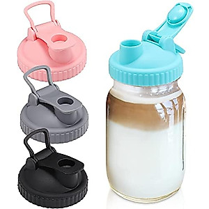 TRUSBER 4 Pack Reusable Lid Fits Mason Jar Regular Mouth (70mm), Plastic Drinking Lids with Pour Spout Compatible with Mason Jars, Dishwasher Safe (JAR NOT INCLUDED)