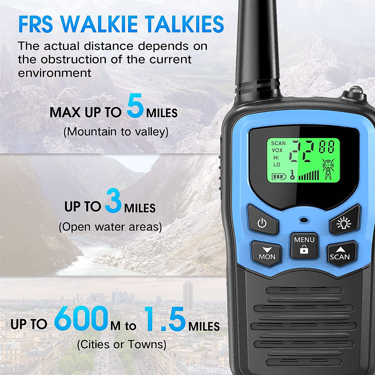 Walkie Talkies,MOICO Long Range Walkie Talkies for Adults Two-Way Radios with 22 Channels FRS VOX Scan LCD Display with LED Flashlight for Field, Survival Biking Hiking Camping 2 Pack (Blue)