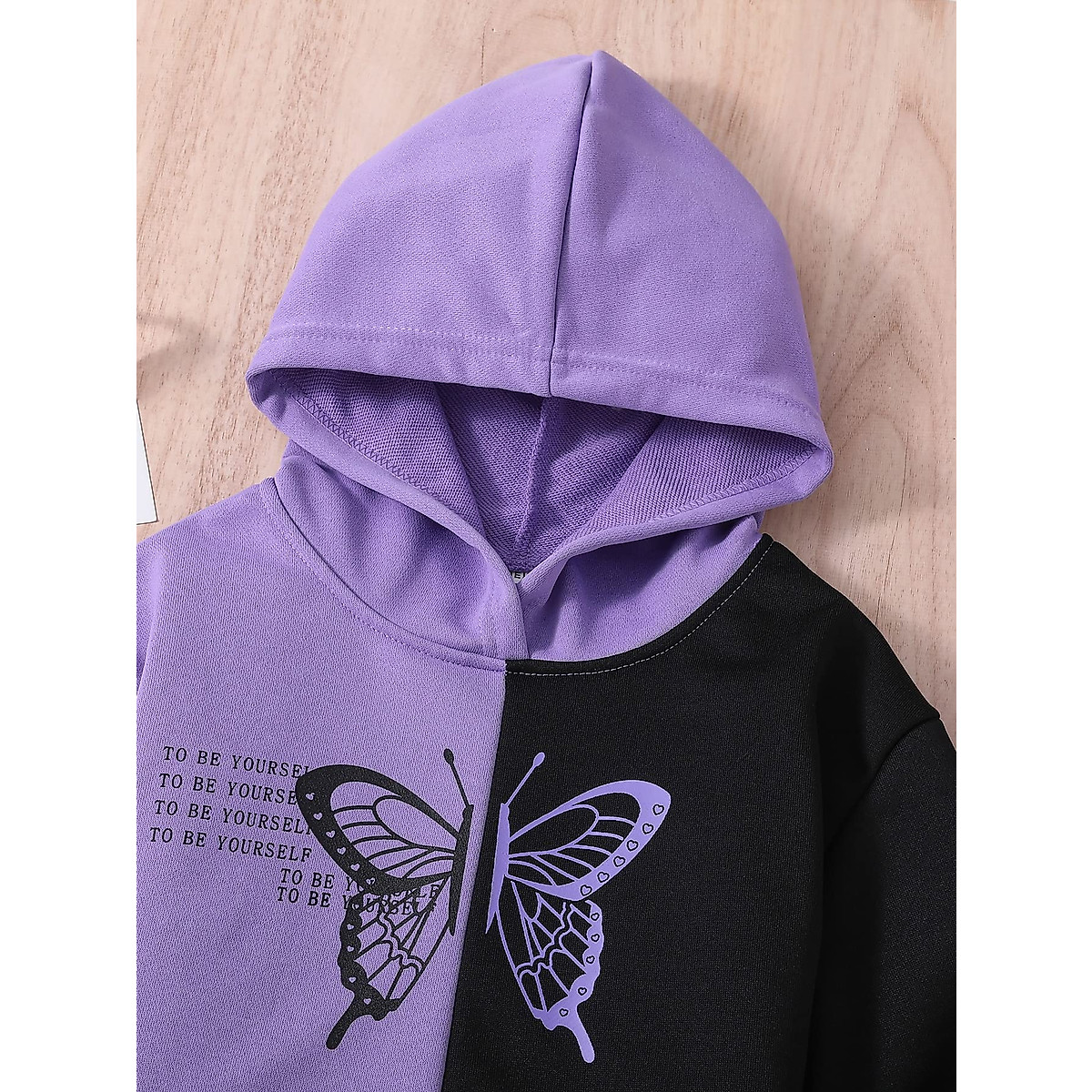 SOLY HUX Girl's 2 Piece Outfits Color Block Butterfly Print Long Sleeve Hoodies Sweatshirt Tops and Sweatpants Set Black and Purple 11-12Y