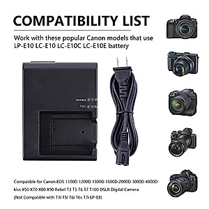 LC-E10E Quick Charger for Canon: LP-E10 LC-E10 LC-E10C Compatible 5108b002 Battery EOS 1100D 1200D 1300D 1500D 2000D 3000D 4000D kiss X50 X70 X80 X90 Rebel T3 T5 T6 T7 T100 DSLR Digital Camera black