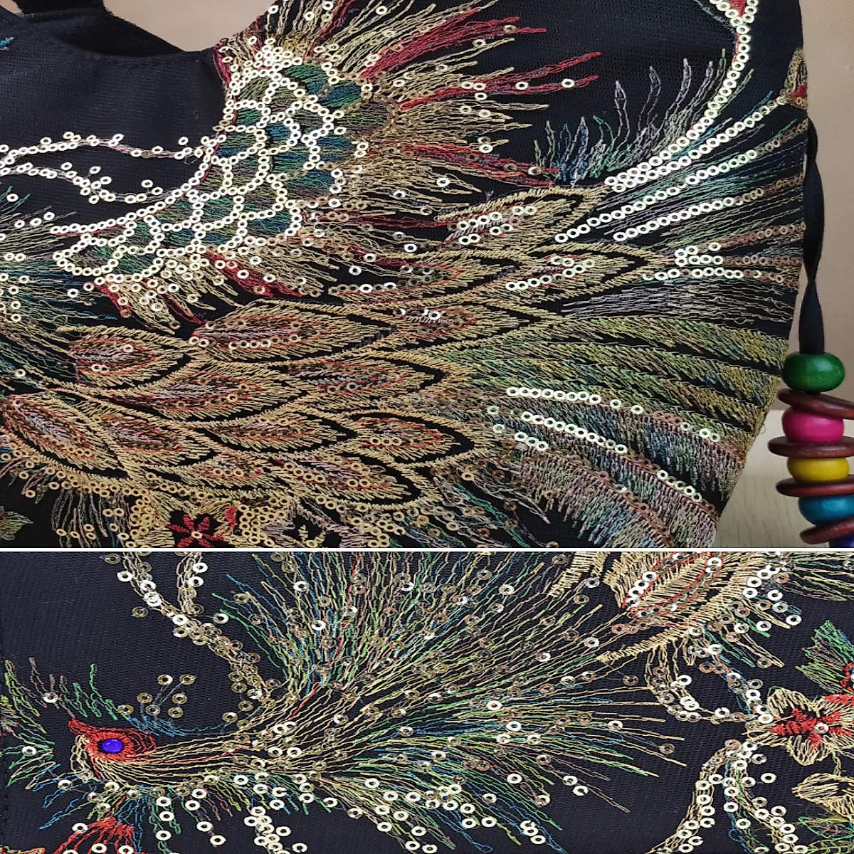 Women Vintage Sequins Peacock Handbag - Ethnic Embroidery with Pendants (black)