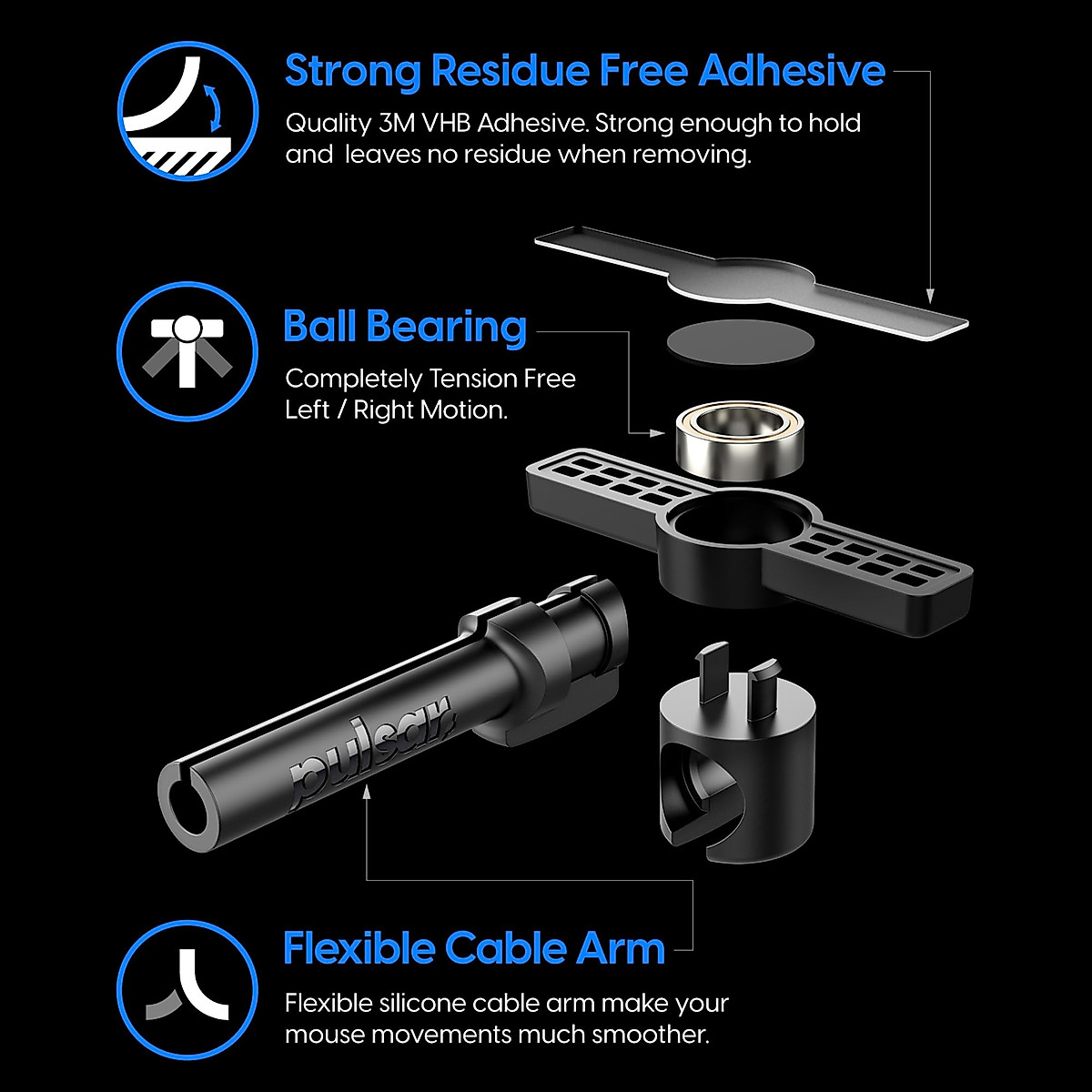 Pulsar Gaming Gears - Micro Bungee : Drag-Free Wired Mouse Support : Super Compact Size Keep Your Set up Clean - Attach it to Your Monitor (3 Bungees Pack)