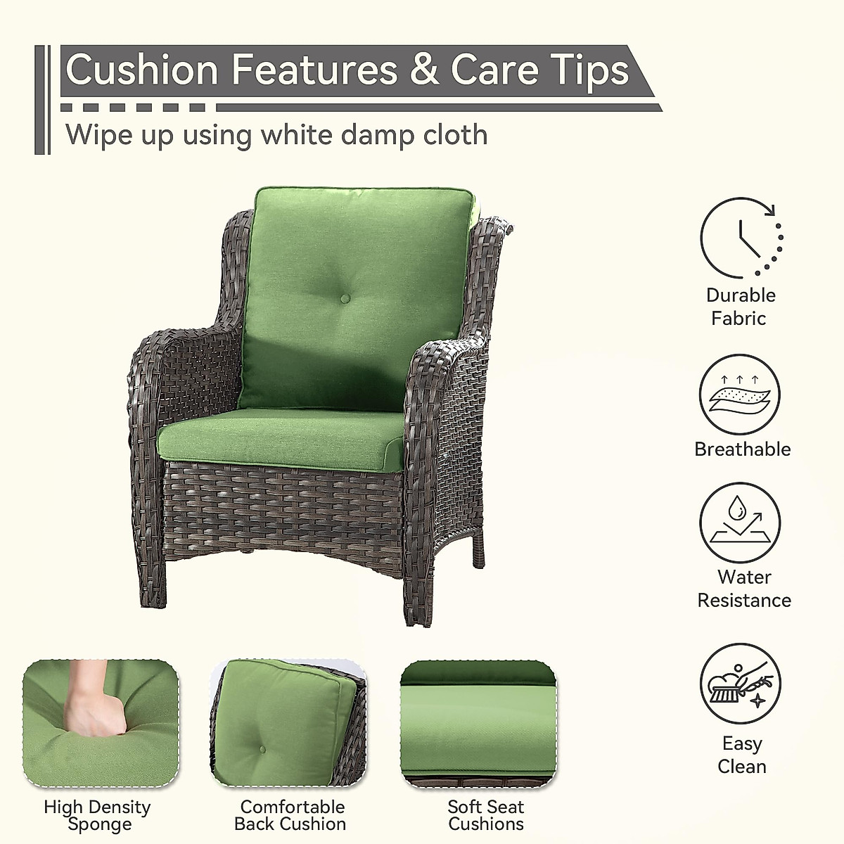 Gardenbee Patio Wicker Chairs Set of 2, Patio Rattan Dining Chairs with 3.5-inch Seat Cushions, High Back and Curved Armrest for Garden, Backyard, Balcony and Deck, Green