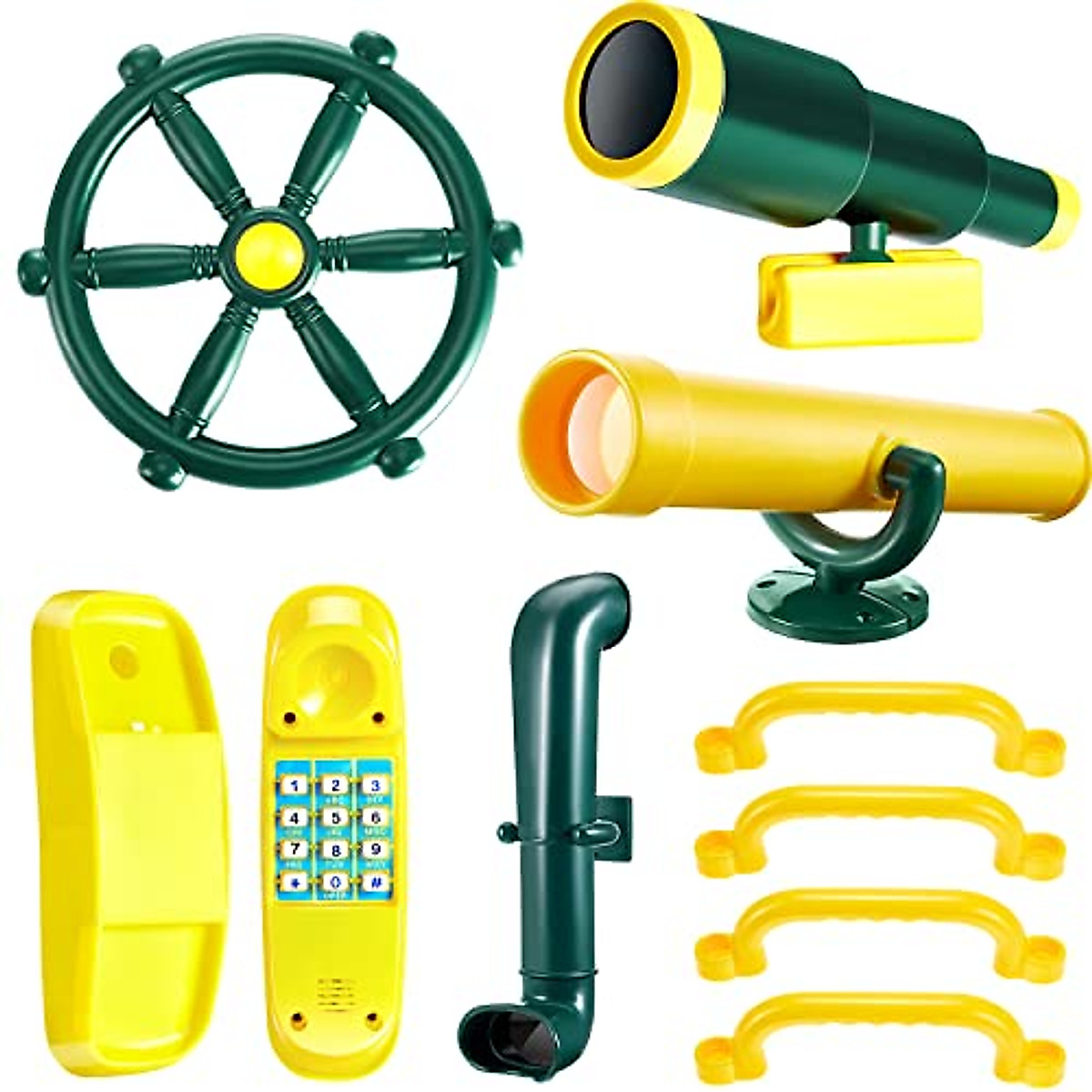 Playground Accessories Swing Set Pirate Plastic Playground Equipment Set with Plastic Wheel, Telescope, Periscope, Telephone, Safety Handle Bars for Outdoor Playhouse Treehouse (Yellow, Green)