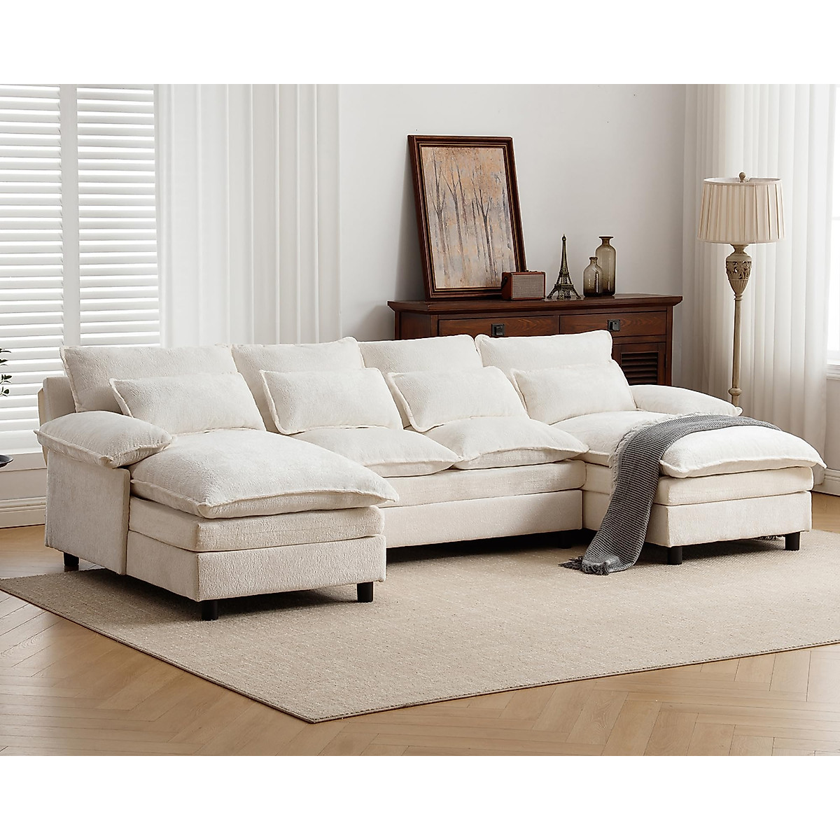 Siiejia U Shape Cloud Couch, 4 Seats Comfy Sectional Sofa Couches for Living Room, Modular Chenille Sofas with Double Reversible Chaise for Spacious Space, Cream