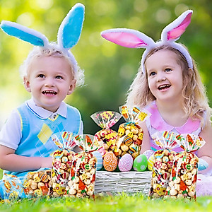 100 Pieces Easter Cellophane Treat Bags, Easter Egg Bunny Chick Carrot Printed Pattern Clear Plastic Candy Goodies Bags with 100 Silver Twist Ties for Easter Day Party Supplies, 4 Assorted Style